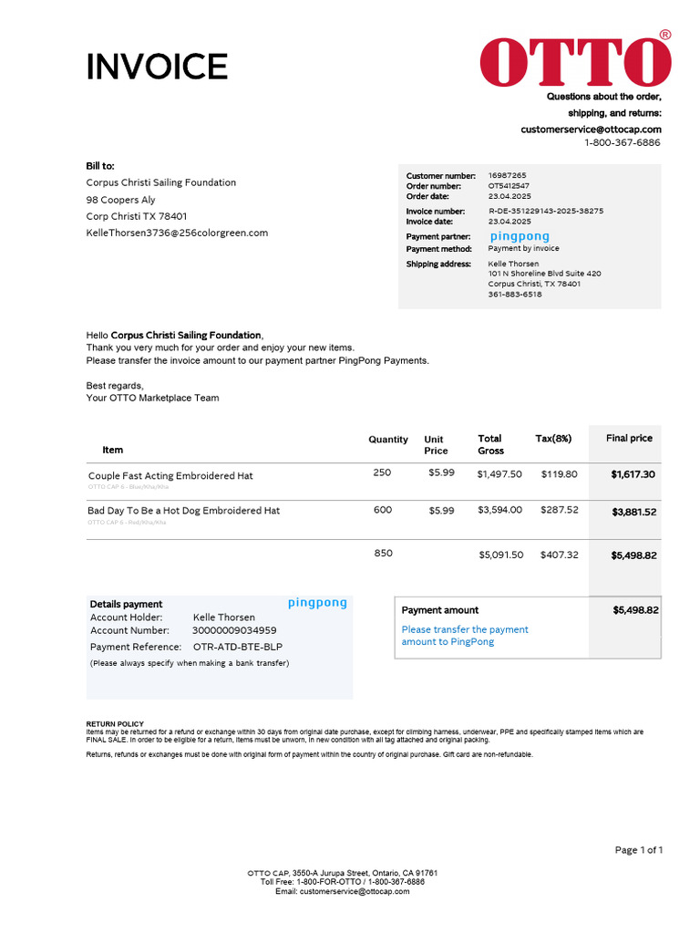 OTTO CAP Invoice and Return Policy | PDF | Invoice | Payments