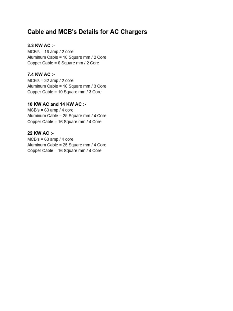 Cable and MCB's Details For AC Chargers | PDF