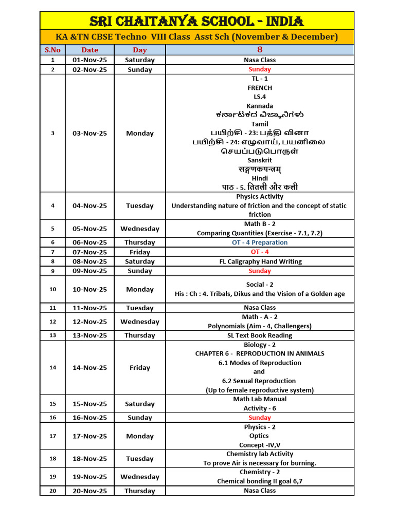 KA &TN CBSE Techno VIII Class Asst SCH (November & December) | PDF