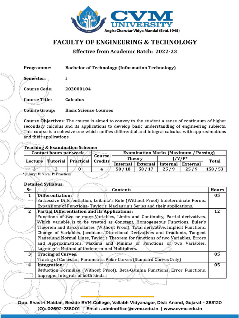 Calculus Course Syllabus for B.Tech IT | PDF | Integral | Power Series