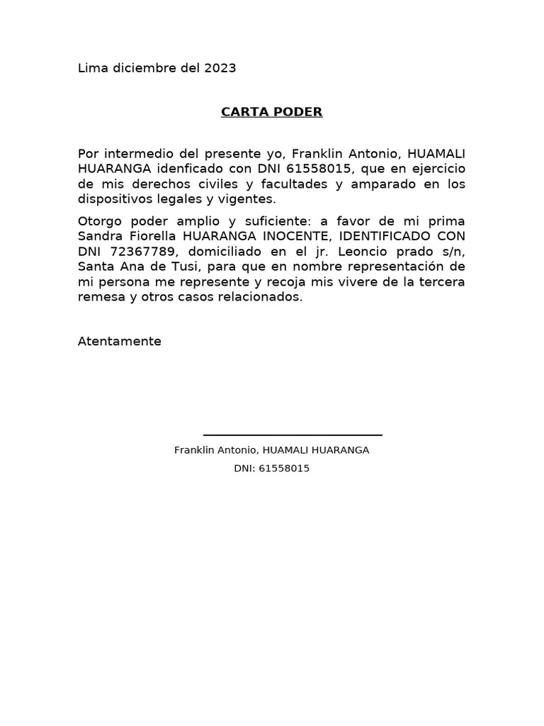 Carta Poder Primo de Sandra | PDF