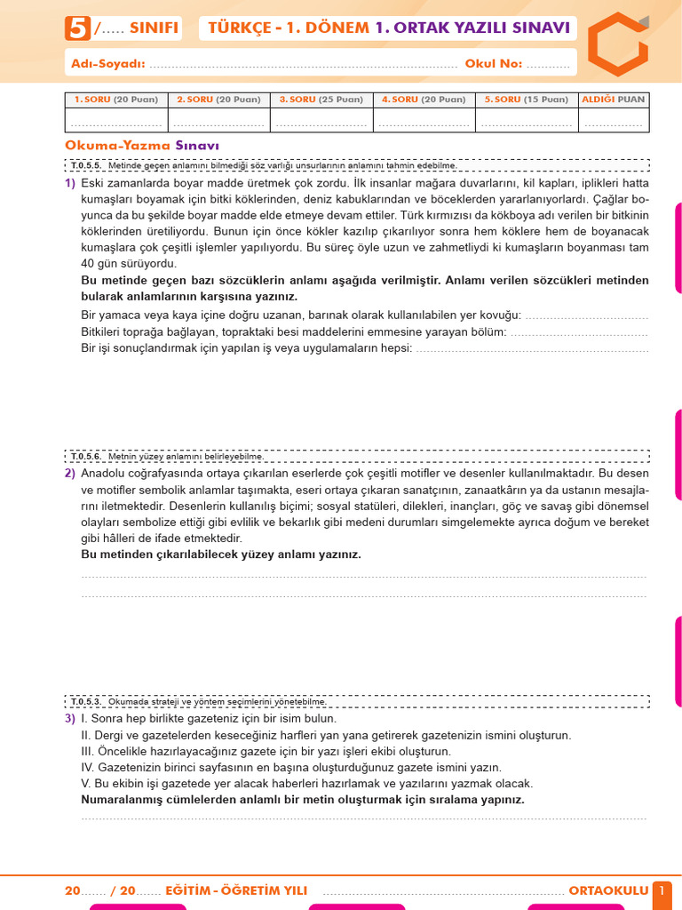 Sinif Turkce 1. Donem 1. Yazilisi Mustafa AYGUN | PDF