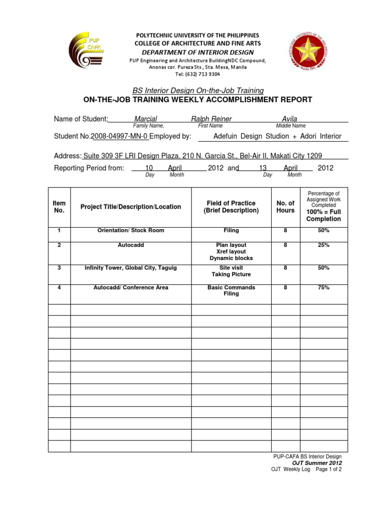 On-The-Job Training Weekly Accomplishment Report | PDF | Makati | Manila