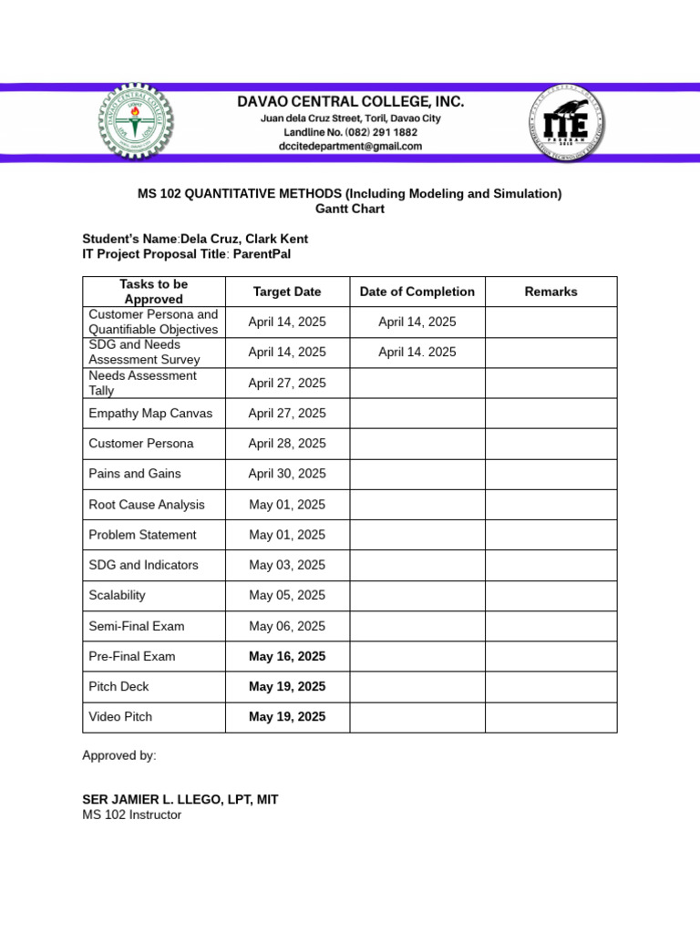 Ms 102 Quantitative Methods Gantt Chart Delacruz | PDF