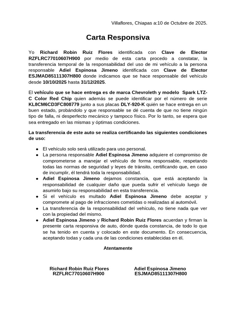 Carta Responsiva de Auto 040801 | PDF