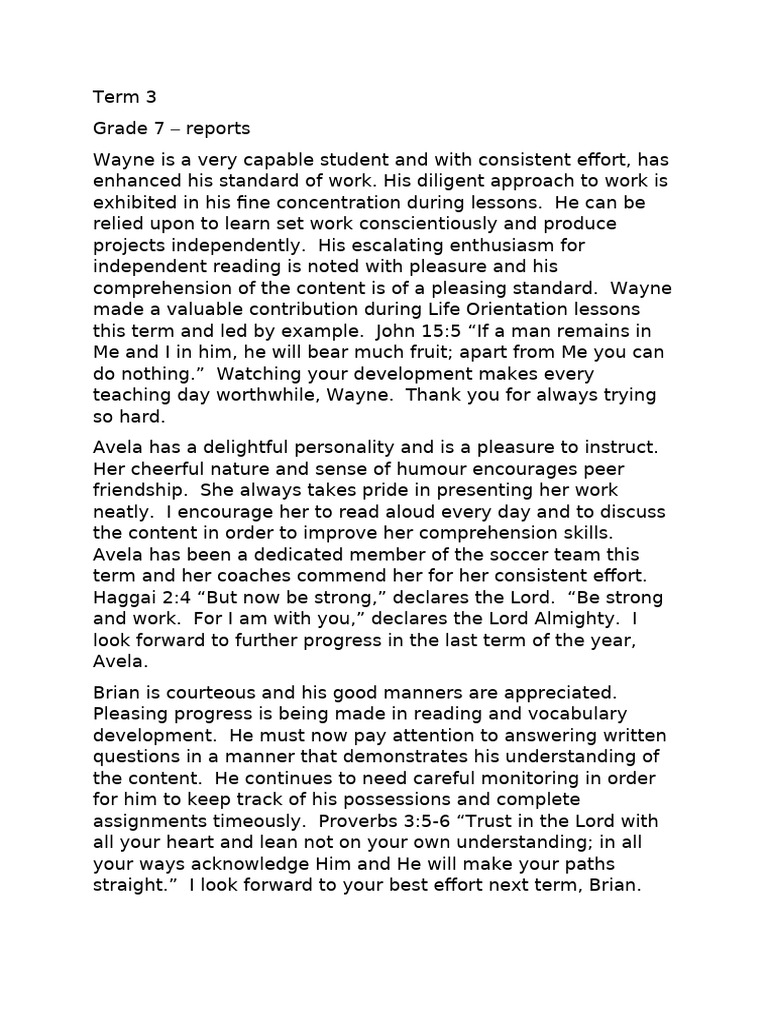 Term 3 Grade 7 Report Comments | PDF | Reading Comprehension