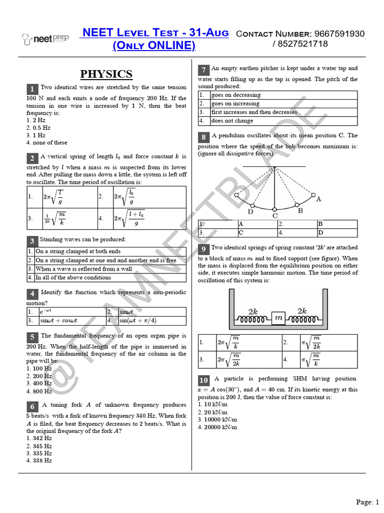 Neetprep 31 Aug Paper Online Mode | PDF | Waves | Oscillation