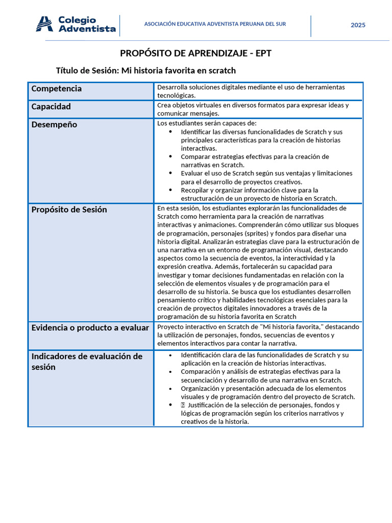 PROPOSITO DE SESIÓN Mi historia favorita en Scratch 5_6_2025 | PDF ...