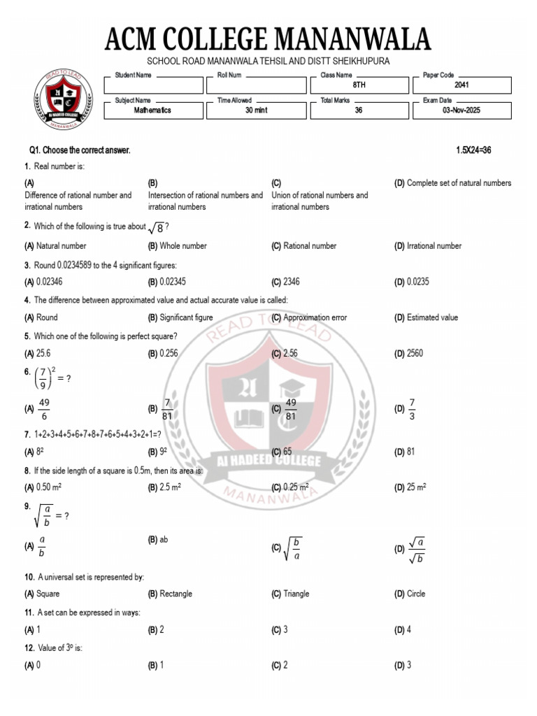 8th mcqs | PDF | Mathematics