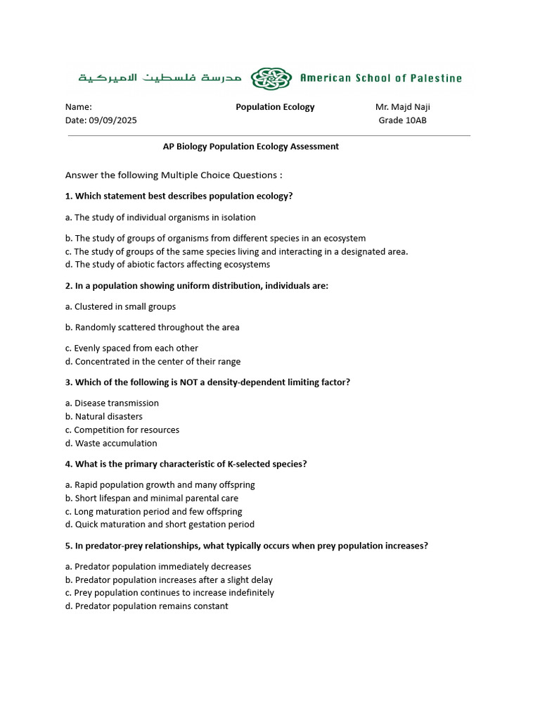 Population Ecology WKST Grade 10AB | PDF | Ecology | Predation