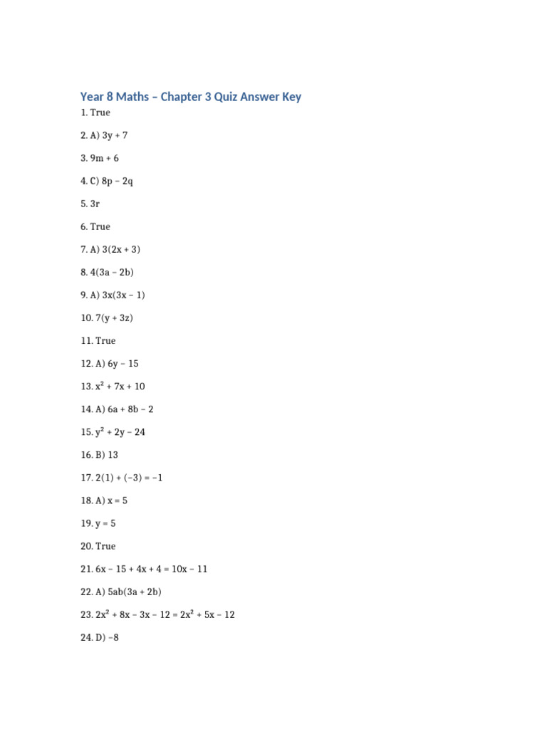 Year 8 Maths Chapter 3 Quiz Answers | PDF