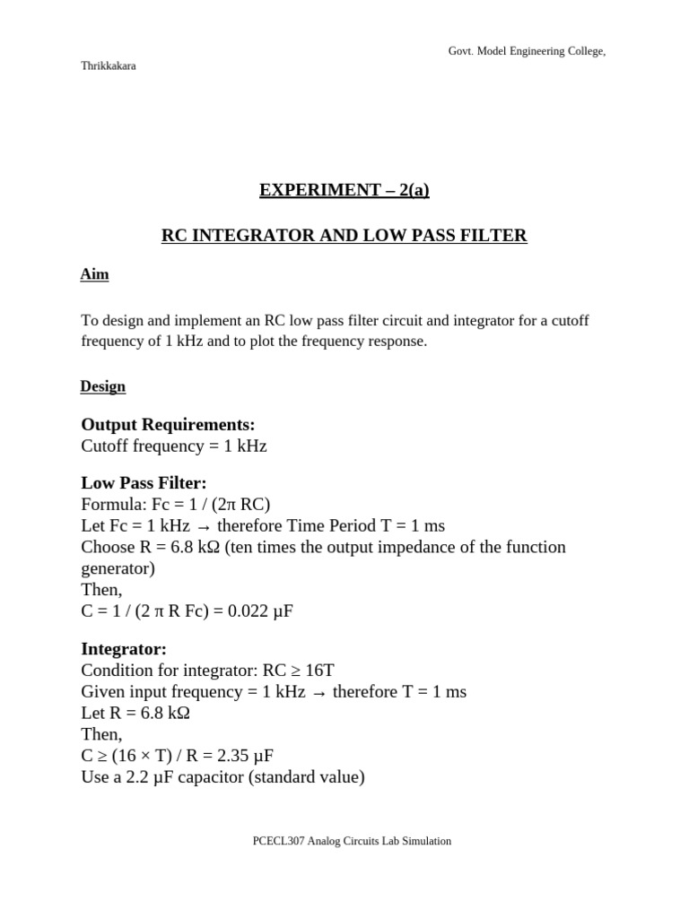 Low Pass Filter and RC Integrator Simulation Record | PDF