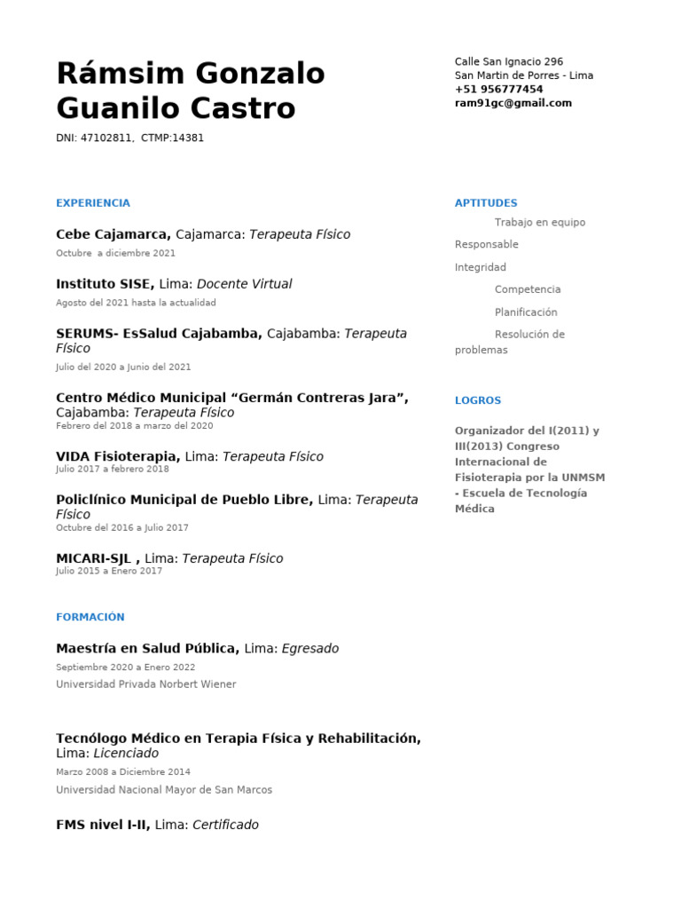 Curriculum Vitae RAMSIM GUANILO CASTRO | PDF | Terapia física | Terapia manual
