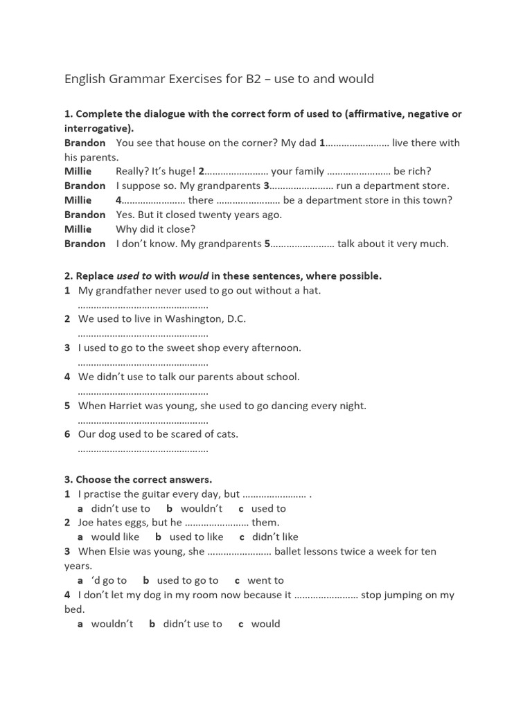 English Grammar Exercises For B2 - Use To and Would | PDF