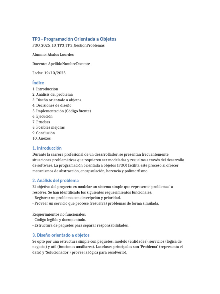 POO 2025 10 TP3 TP3 GestionProblemas AbalosLourdes ApellidoNombreDocente | PDF | Java (lenguaje ...