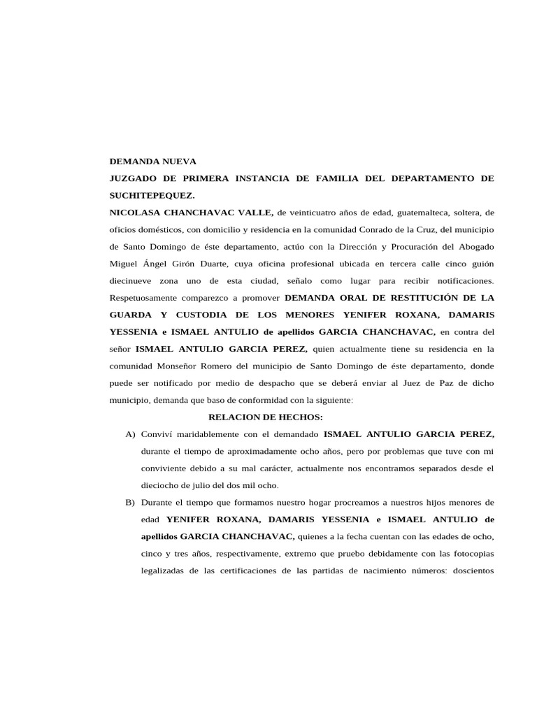 Demanda Oral de Restitucion de Guarda y Custodia Nicolasa Ch | PDF ...