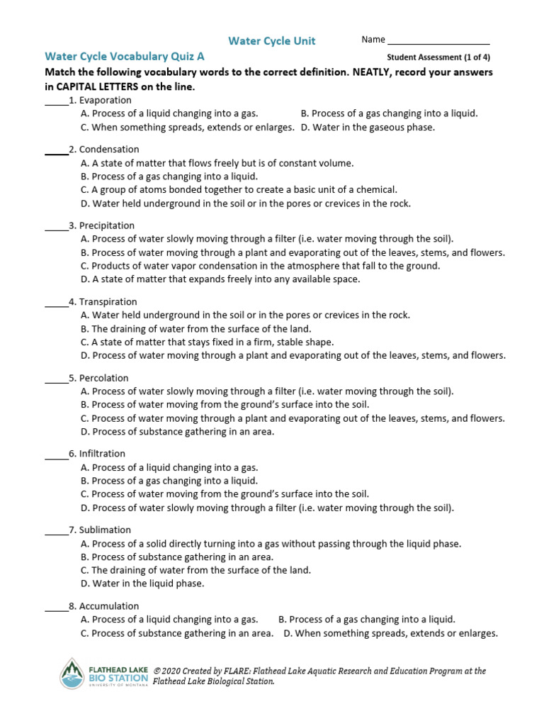 Flare Water Cycle Unit Vocabulary Quizzes | PDF | Water | Water Cycle