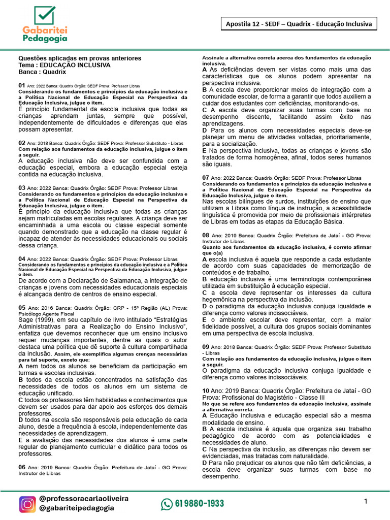 Apostila 12 Educação Inclusiva - Quadrix (Provas Anteriores)(1) | PDF ...