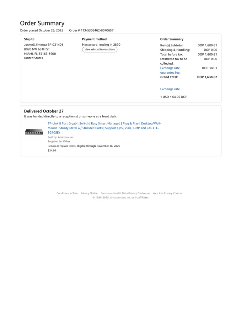 Amazon Order Summary for TP-Link Switch | PDF