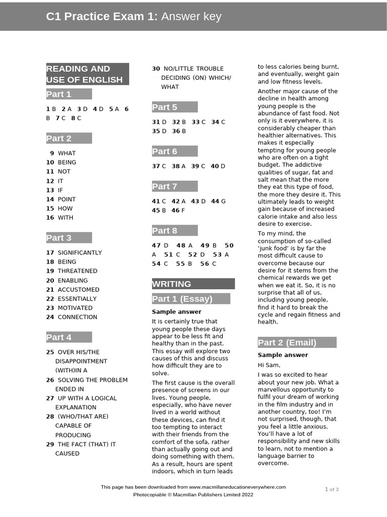 C1 Practice Exam 1 Answer Key | PDF | Restaurants
