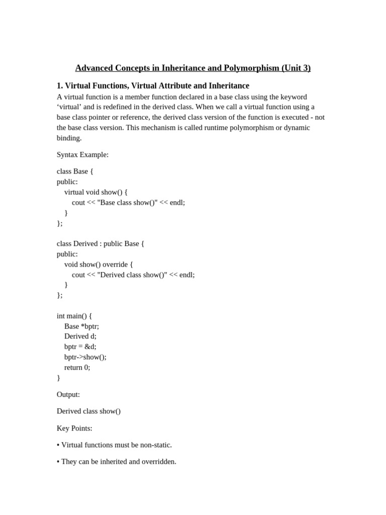 OOP - C++ - Advanced Concepts in Inheritance and Polymorphism (Unit 3) | PDF | Inheritance ...