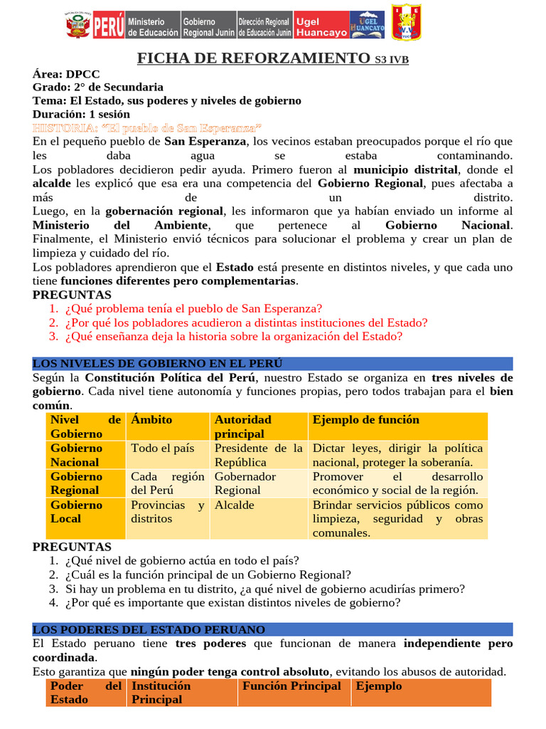 FICHA de REFORZAMIENT El Estado, Sus Poderes y Niveles de Gobierno S3 IVB | PDF | Separación de ...