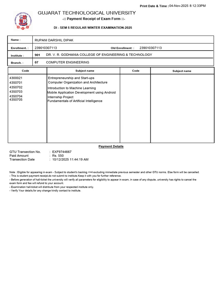 GTU Exam Form Payment Receipt 2025 | PDF
