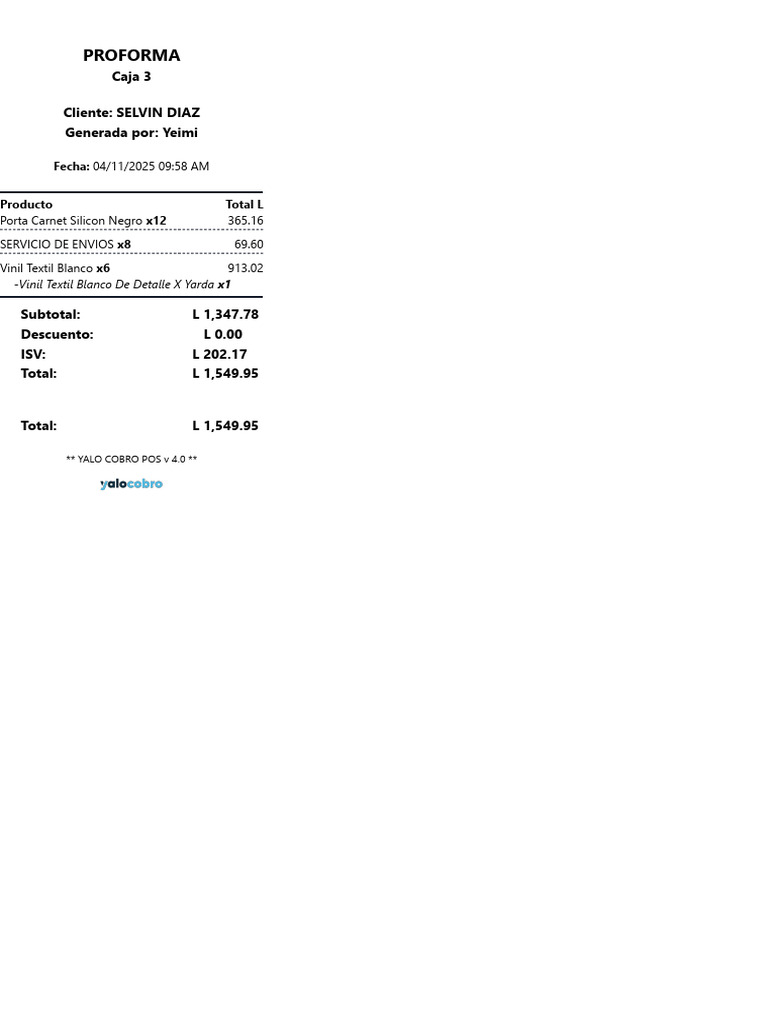 Proforma de Venta para Selvin Díaz | PDF