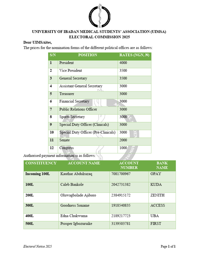 UIMSA 2025 Electoral Notice and Fees | PDF
