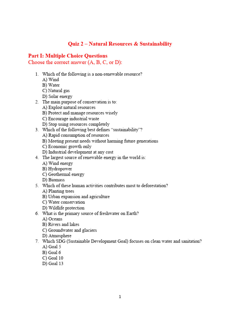 Natural Resources & Sustainability Quiz | PDF | Energy Development ...