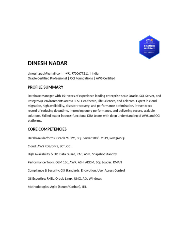 Database Manager with Cloud Expertise | PDF | Databases | Oracle ...