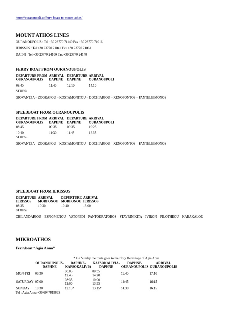 Ouranoupolis-Dafni Ferry Schedule 2024 | PDF | Passenger Ships | Water ...