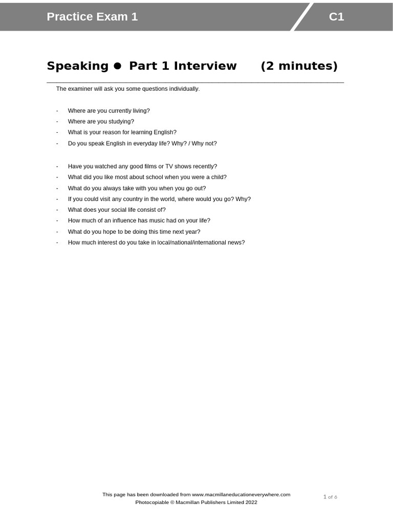 C1 Speaking Test: Part 1 Overview | PDF