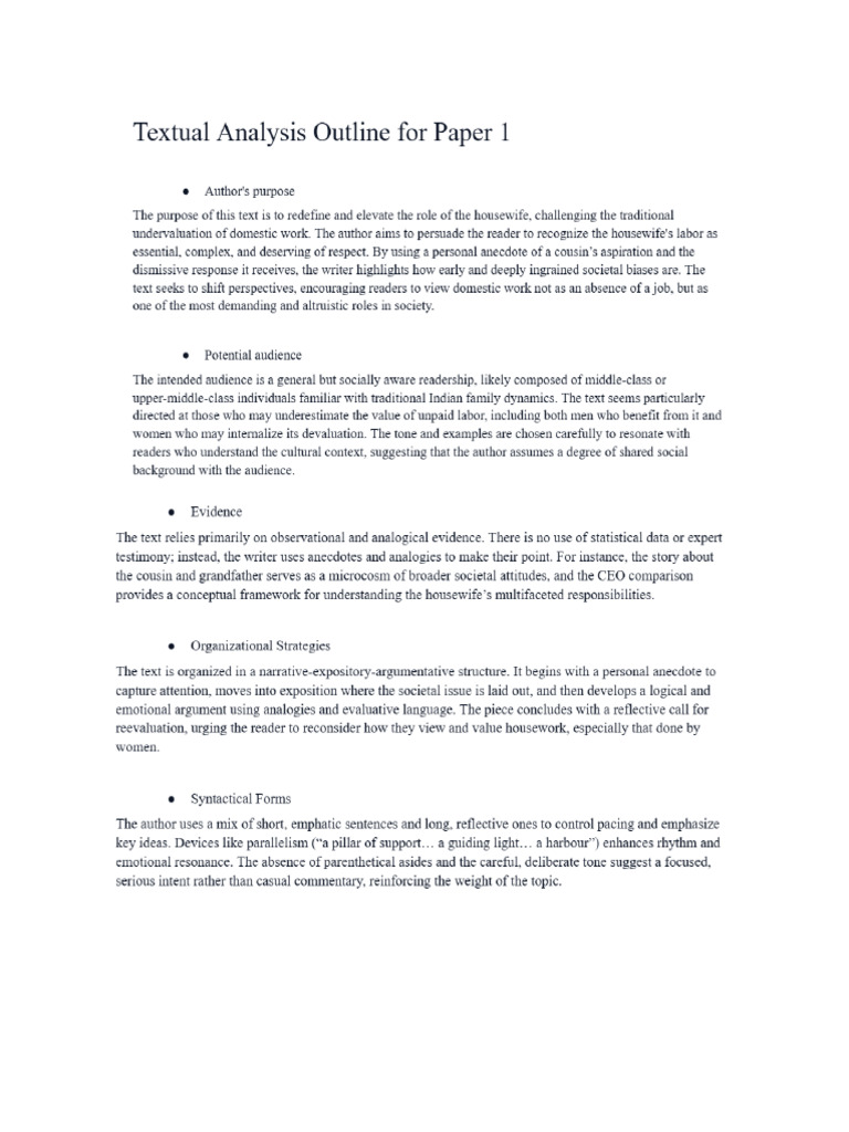 Textual Analysis Outline For Paper 1 | PDF