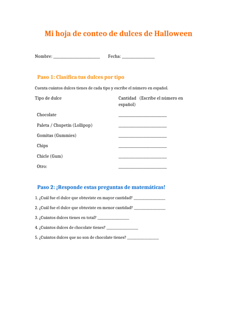 Hoja de Conteo de Dulces Halloween Colorida | PDF