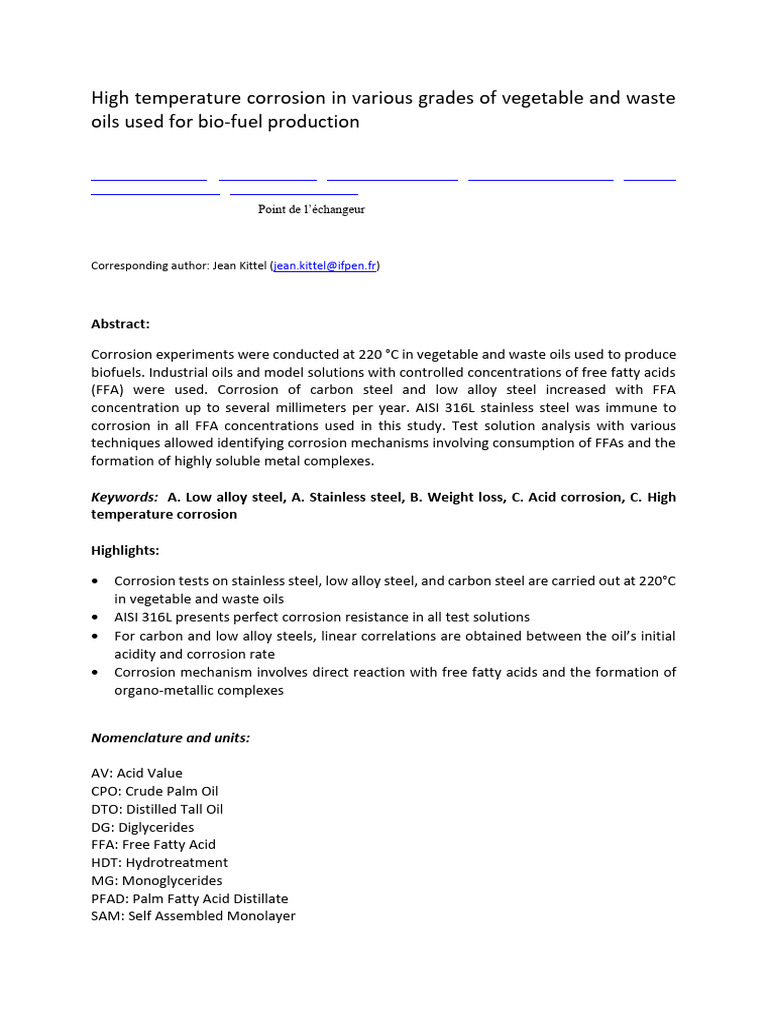 High Temperature Corrosion in Various Grades of Vegetable and Waste ...