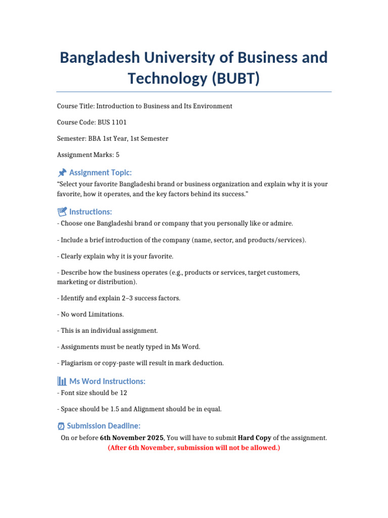 BUBT BUS 1101 Assignment Guide | PDF