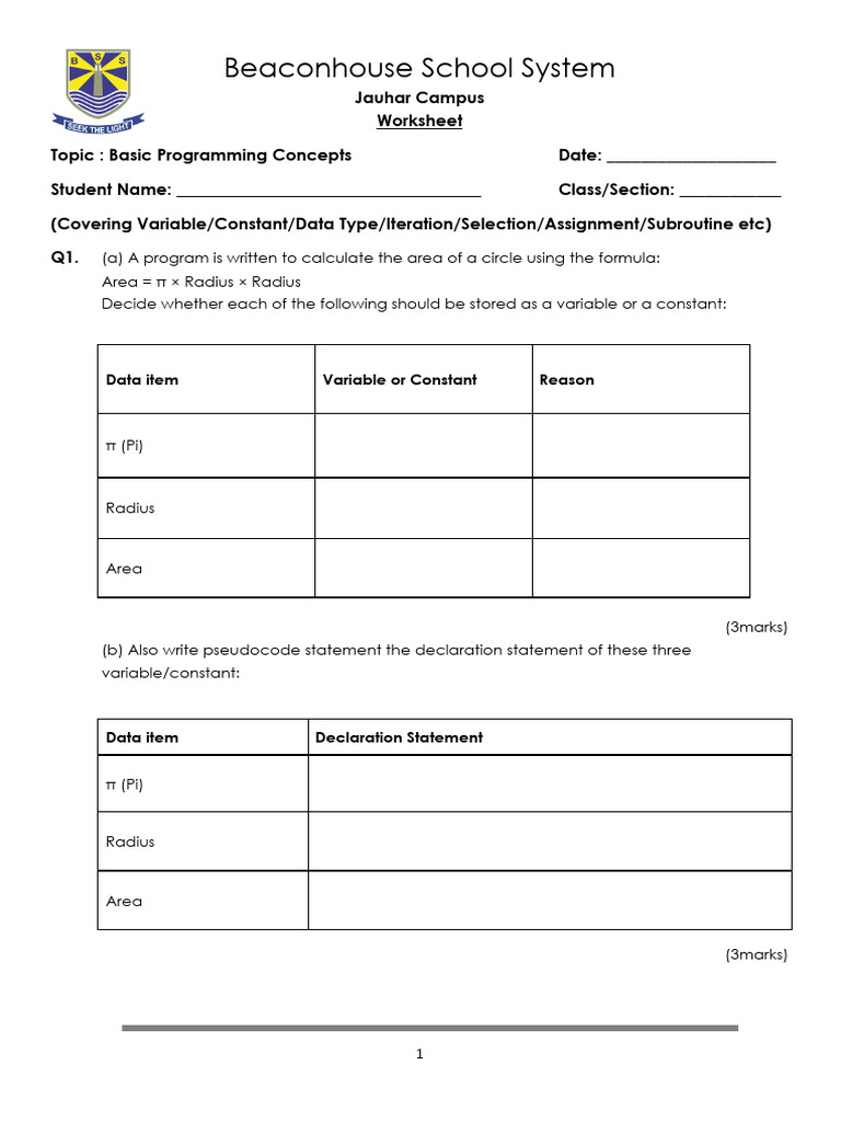 Worksheet #1 - Basic Programming Concepts | PDF | Pi | Area