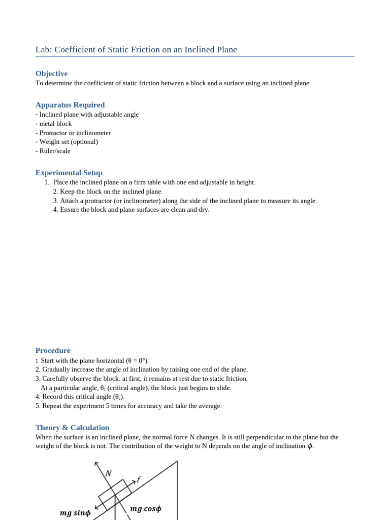 Inclined Plane Static Friction Lab | PDF | Friction | Applied And Interdisciplinary Physics