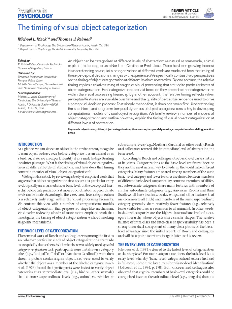 Timing of Visual Object Categorization | PDF | Perception | Hierarchy