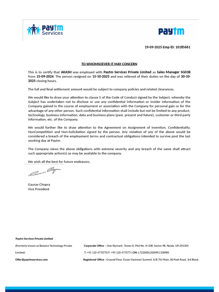 Employment Certificate for Akash at Paytm | PDF