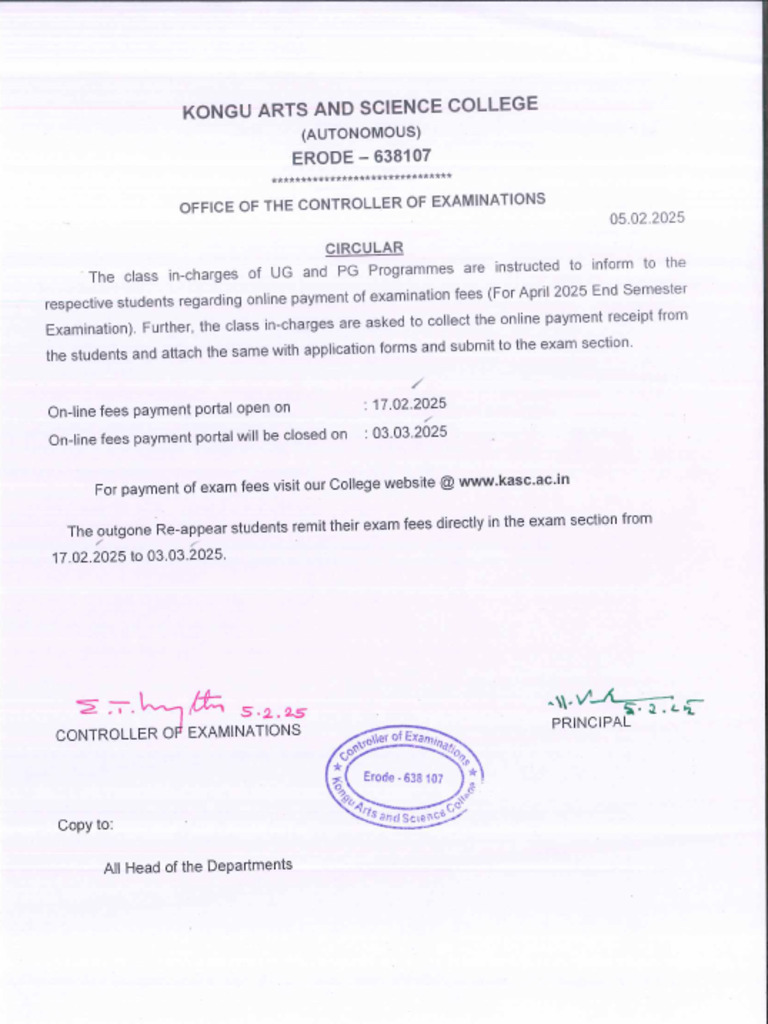 Exam Fees Circular Apr 2025 | PDF