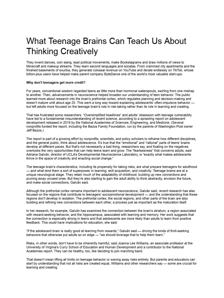 Teenage Brains: A Creative Superpower | PDF | Adolescence | Creativity