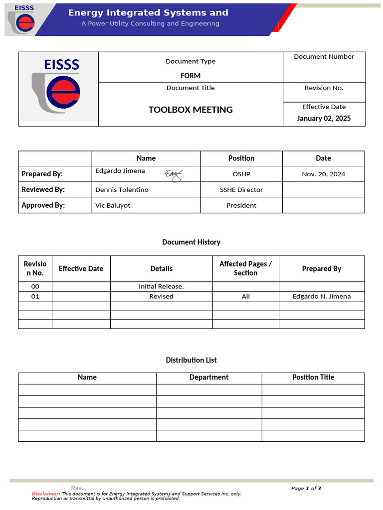 Toolbox Meeting Form Template | PDF