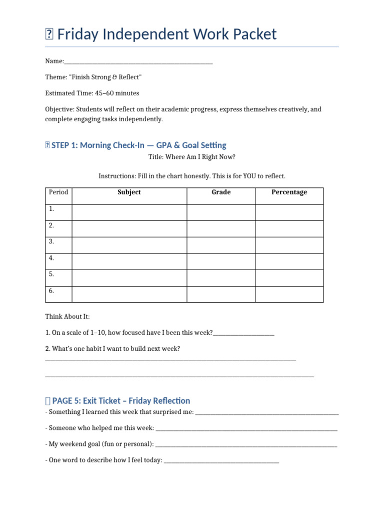 Friday Independent Work Packet | PDF