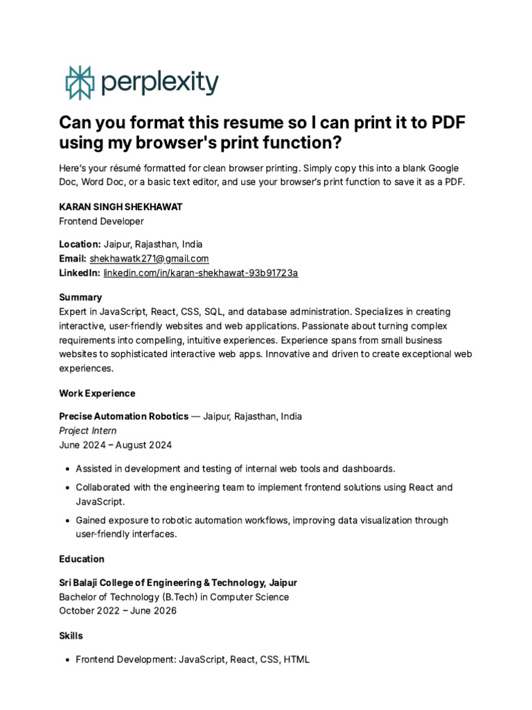 Can You Format This Resume So I Can Print It To PD | PDF