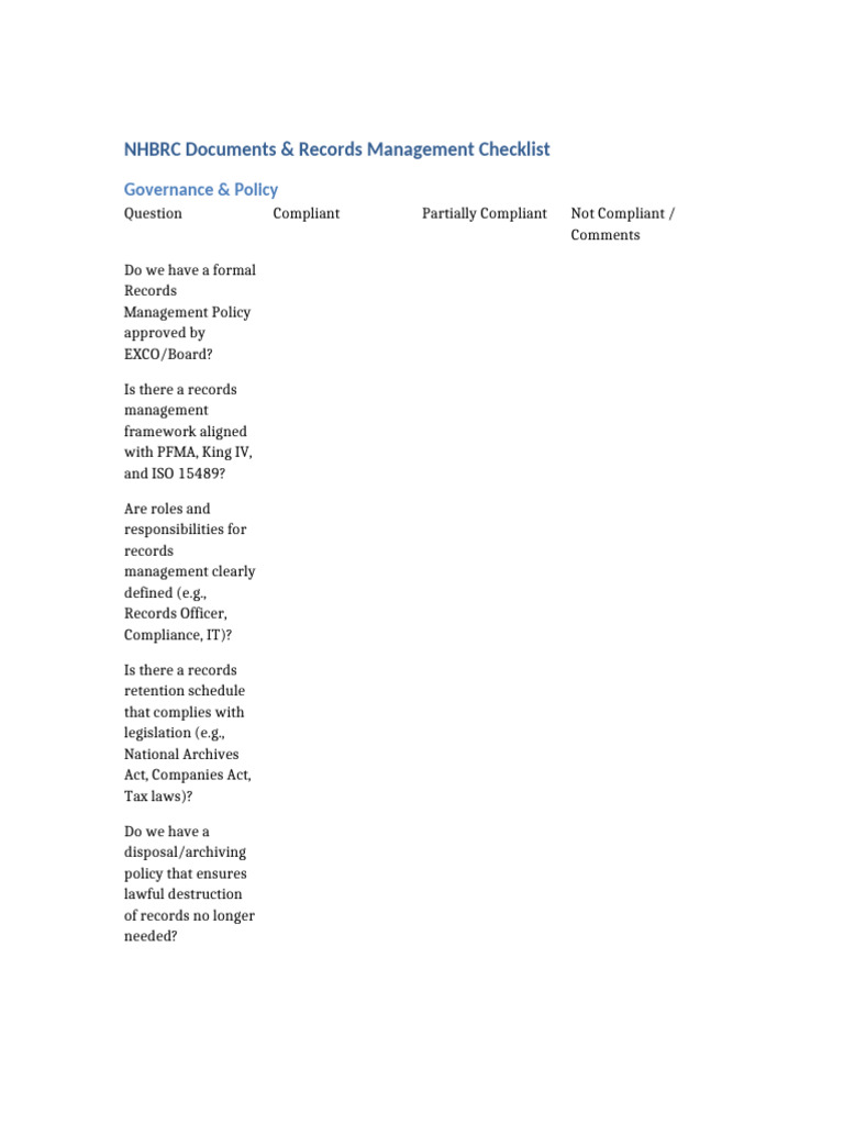 NHBRC Documents Records Management Checklist | PDF | Records Management ...