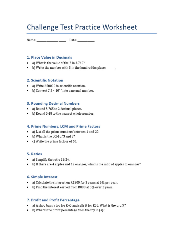 5th Grade Maths Challenge Worksheet | PDF