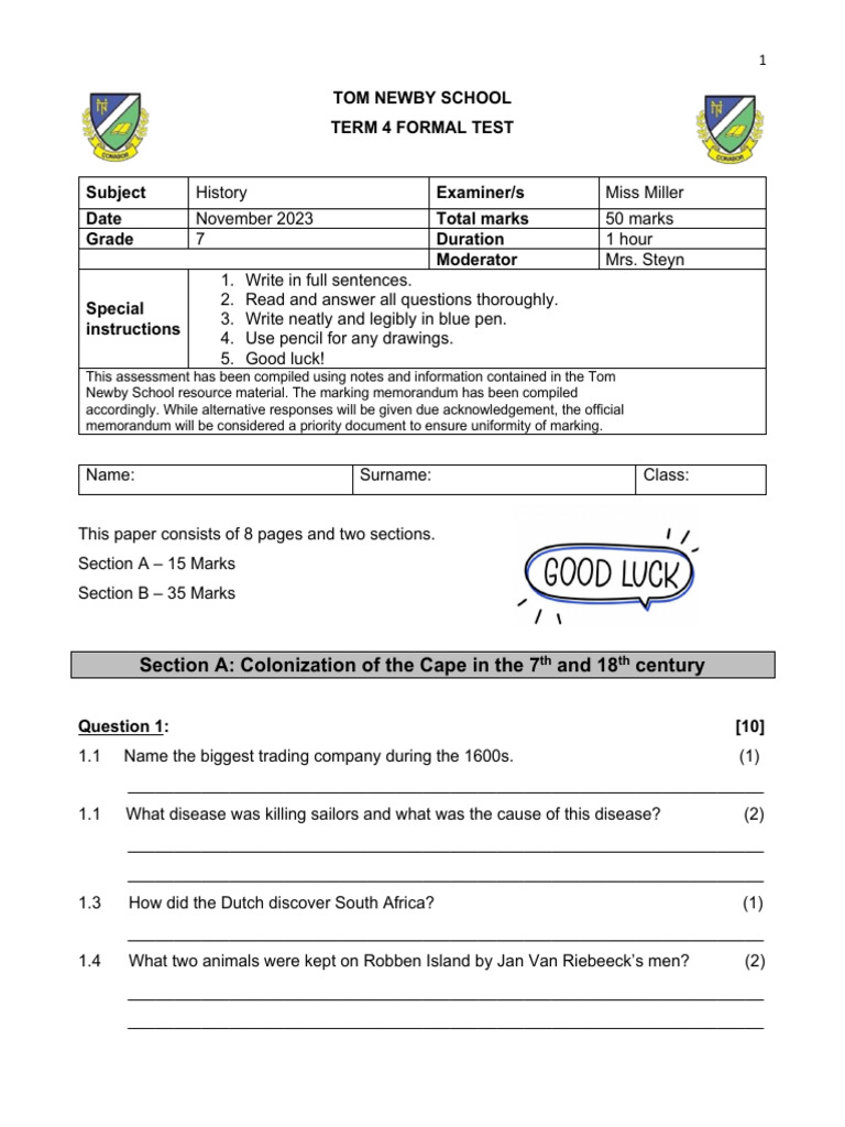 Grade 7 History Term 4 Test | PDF
