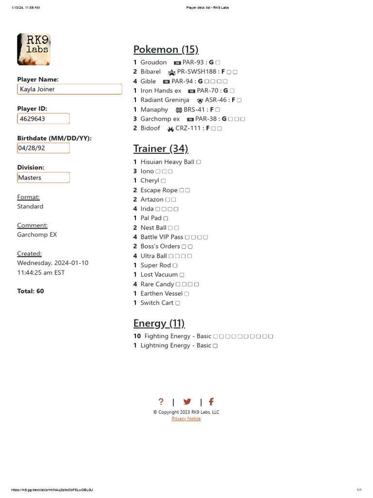 Player Deck List - Garchomp EX | PDF